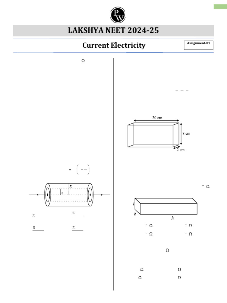 Assignement 01 Current Electricity Physics LAKSHYA NEET 2024 25 | PDF