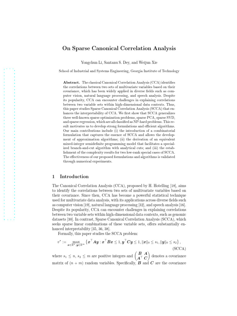 Yongchun Li, Sanatu S. Dey Et Weijun Xie - On Sparse Canonical Correlation Analysis (2023) | PDF