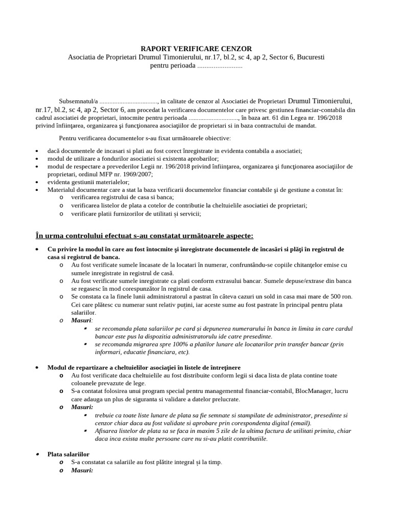Model Raport Verificare Cenzor | PDF