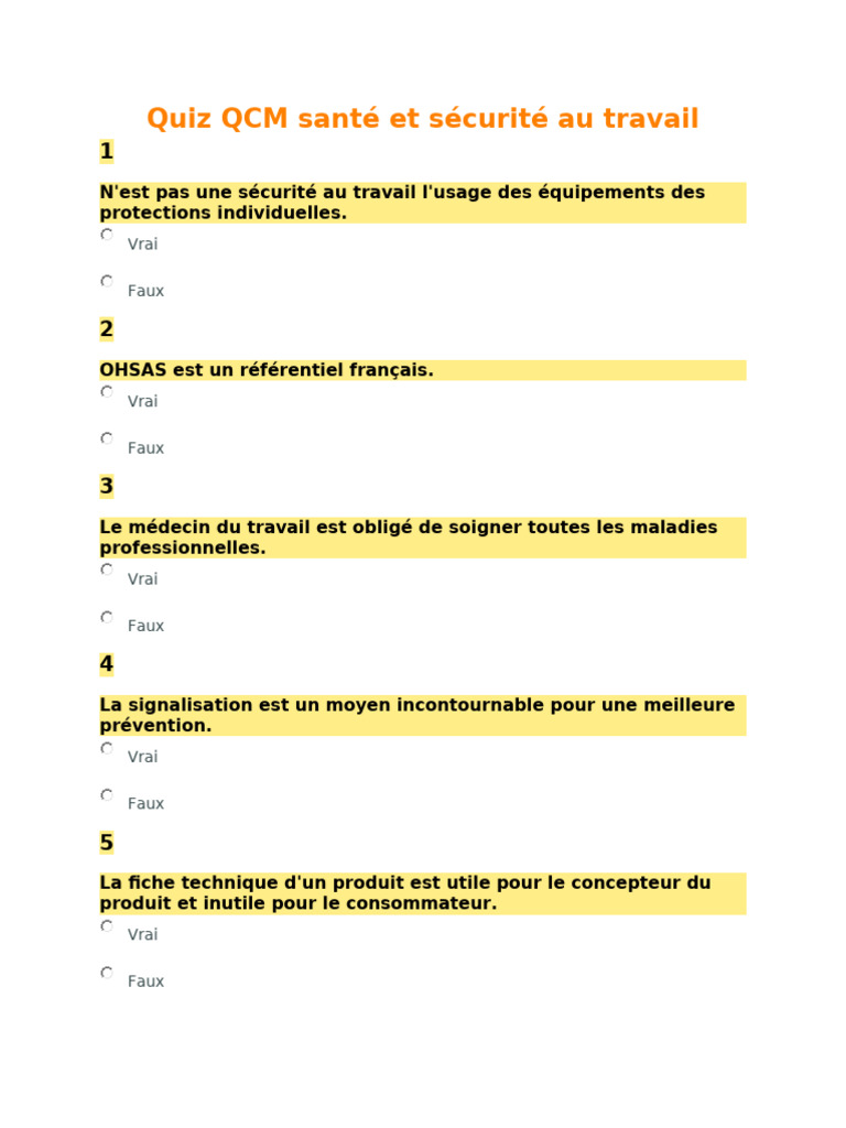 Quiz QCM Santé Et Sécurité Au Travail | PDF