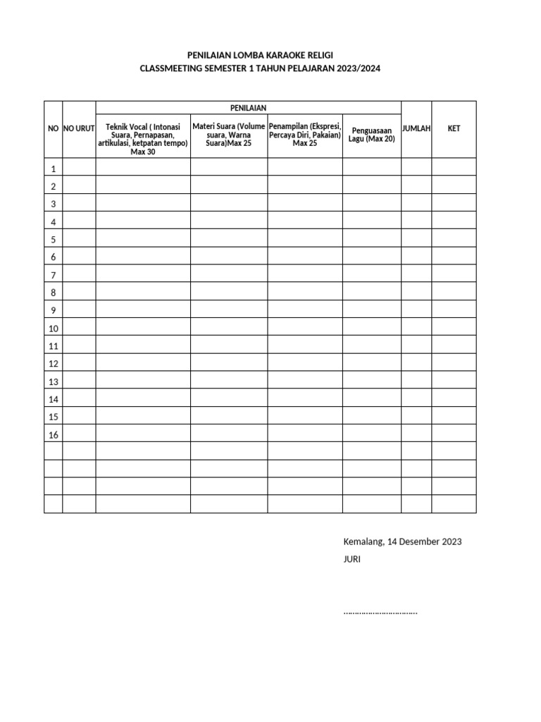Form Penjurian Lomba Karaoke | PDF