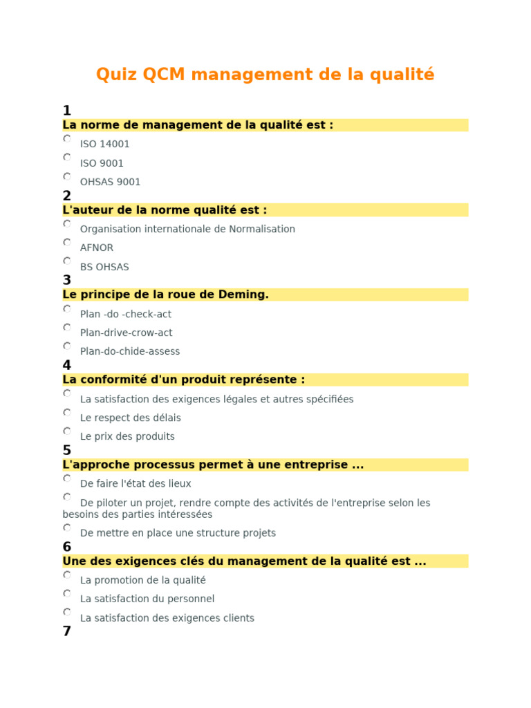Quiz QCM management de la qualité | PDF