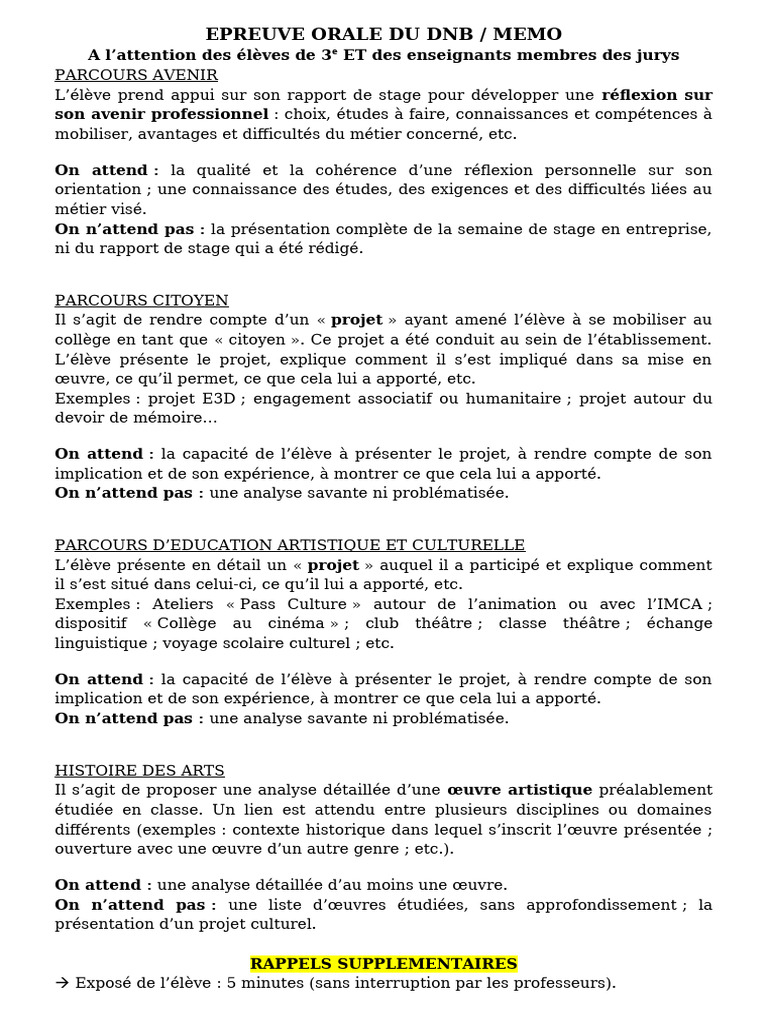 Mémo Pour l' Oral Du DNB 2 | PDF