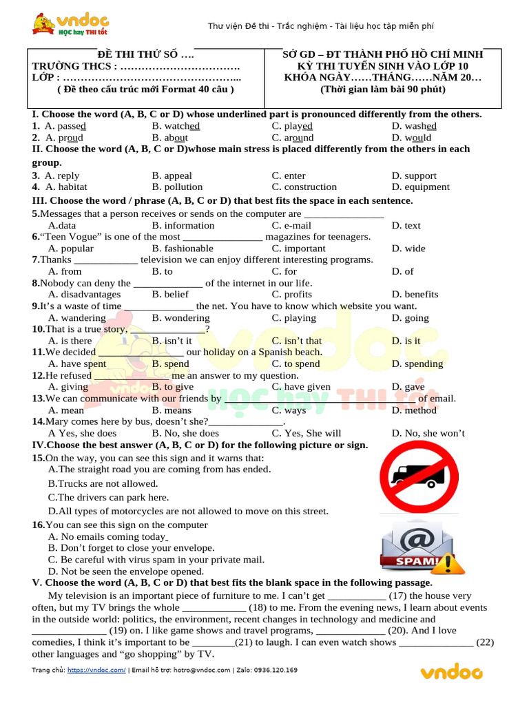 De Thi Thu Tieng Anh Vao Lop 10 TP Ho Chi Minh So 8 | PDF