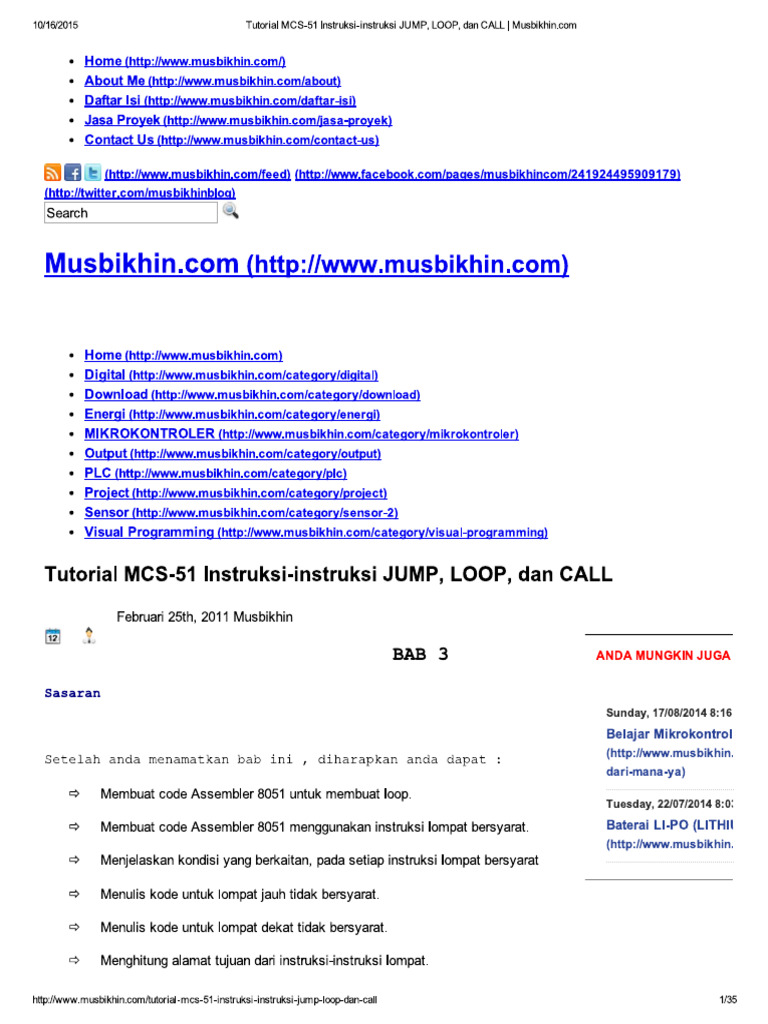 Tutorial MCS-51 Instruksi-Instruksi JUMP, LOOP, Dan CALL | PDF