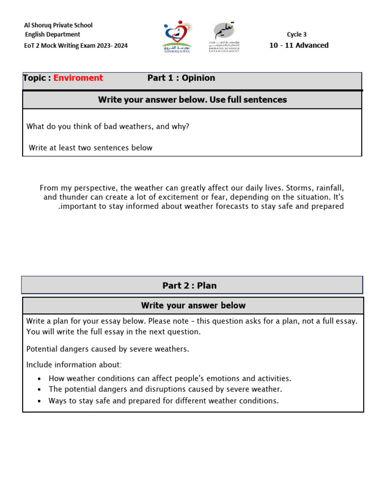 English EoT Mock Writing Exams Adv Term 3 - معه حل | PDF