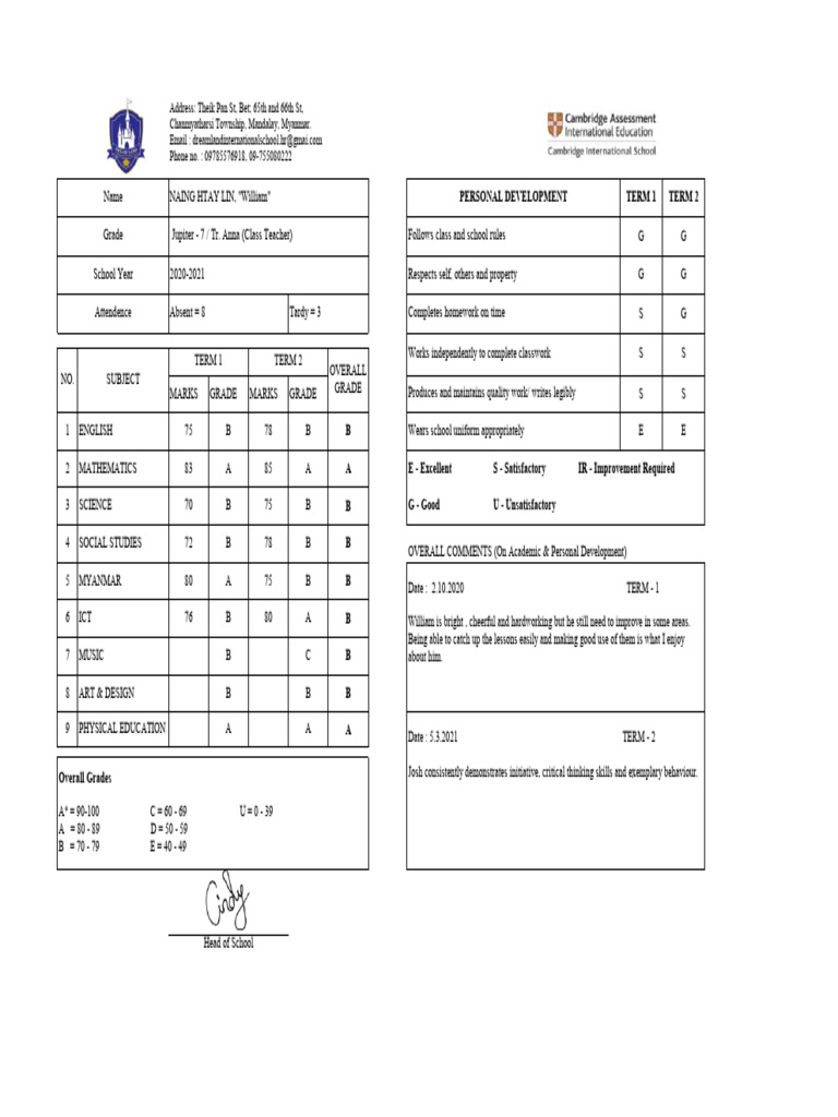 William Grade - 7 Report Card | PDF