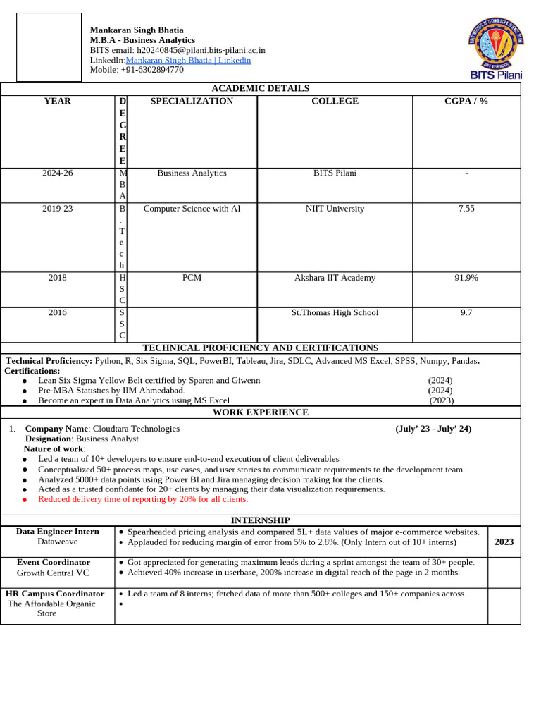 BITS Format Resume | PDF