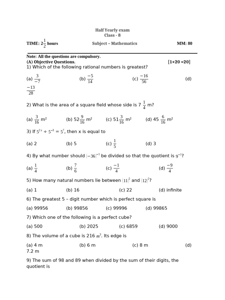 Class 8 Maths Half Yearly Exam Paper | PDF | Numbers | Mathematics