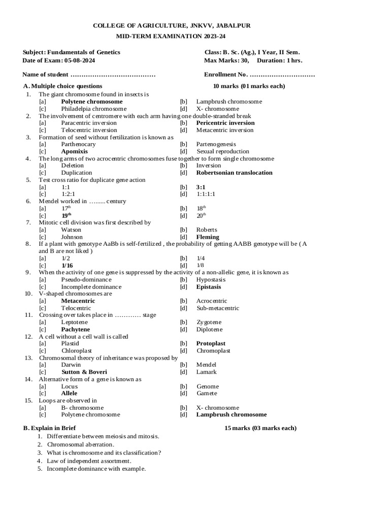 Fundamental of Genetics Mid Term Exam (Answer Key) | PDF