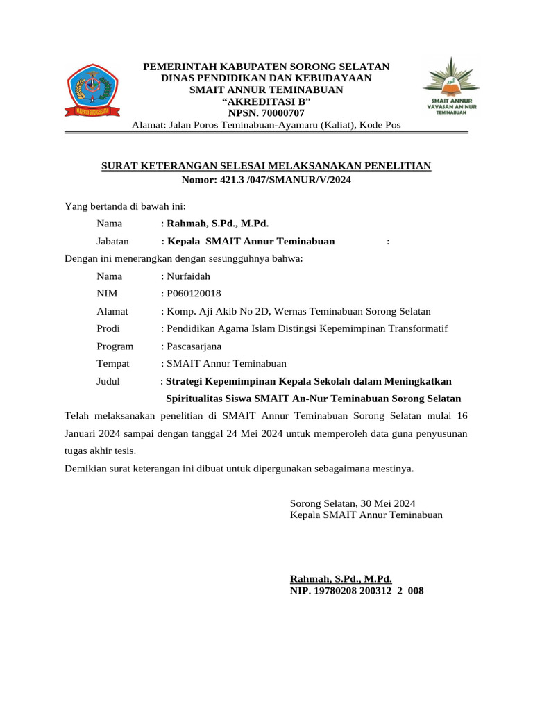 Surat Keterangan Selesai Meneliti | PDF