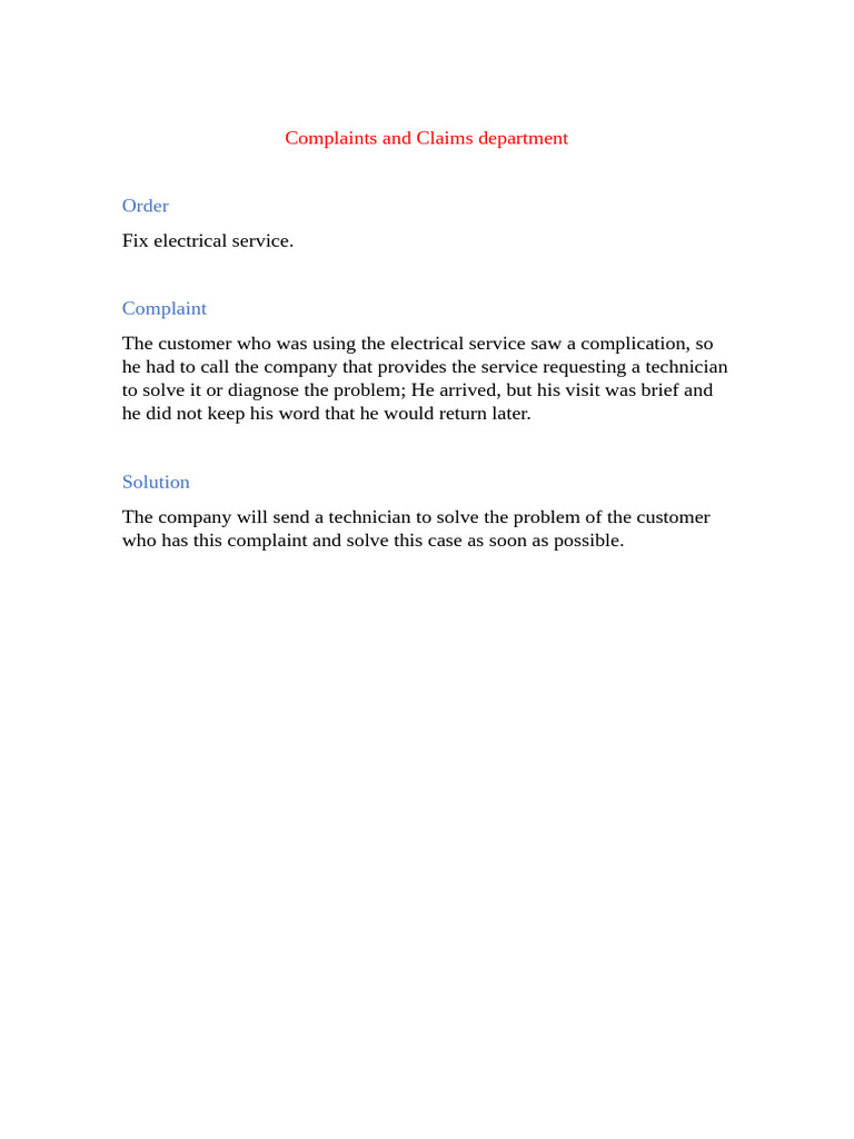 Complaints and Claims Department | PDF