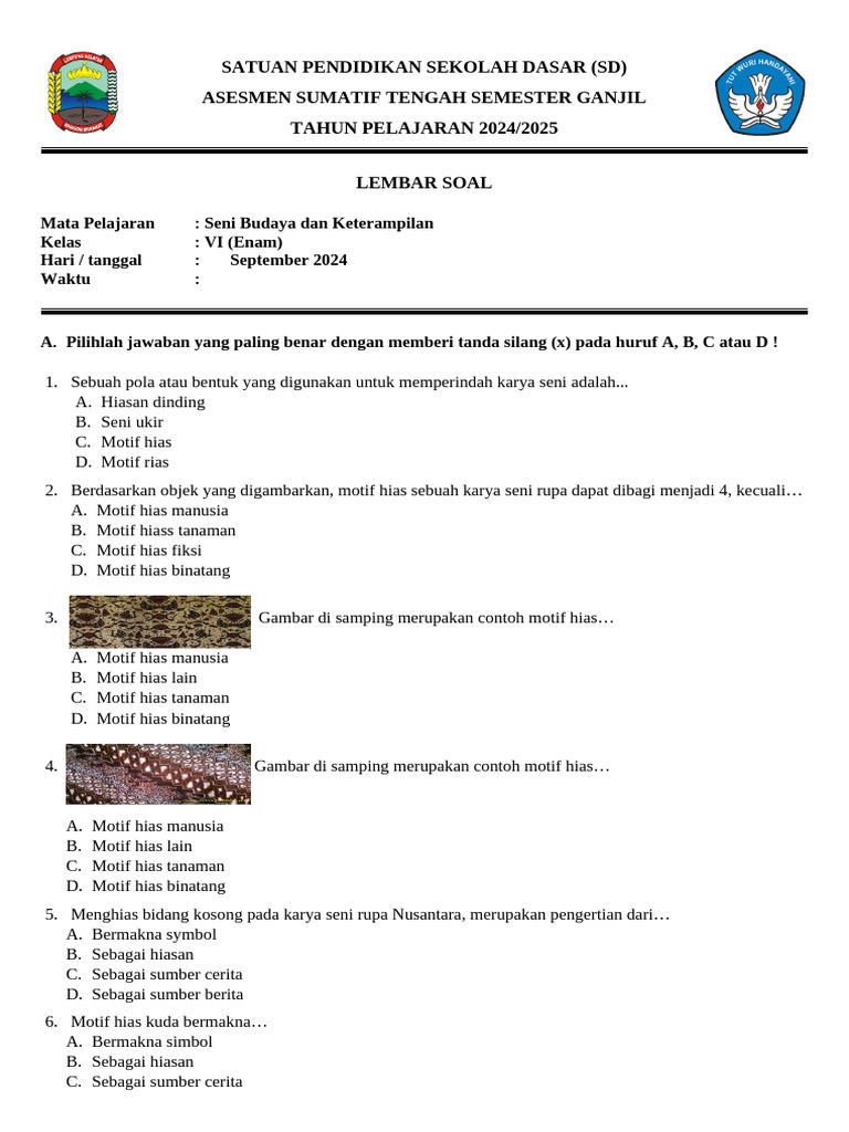 SOAL SBDP Kelas 6 UTS 2024 2025 KUMER | PDF