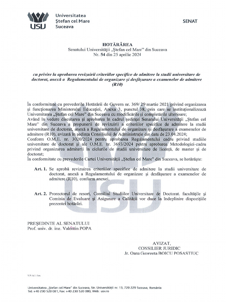 HS 54 - 25 Aprilie 2024 Revizuire Criterii Specifice de Admitere La ...