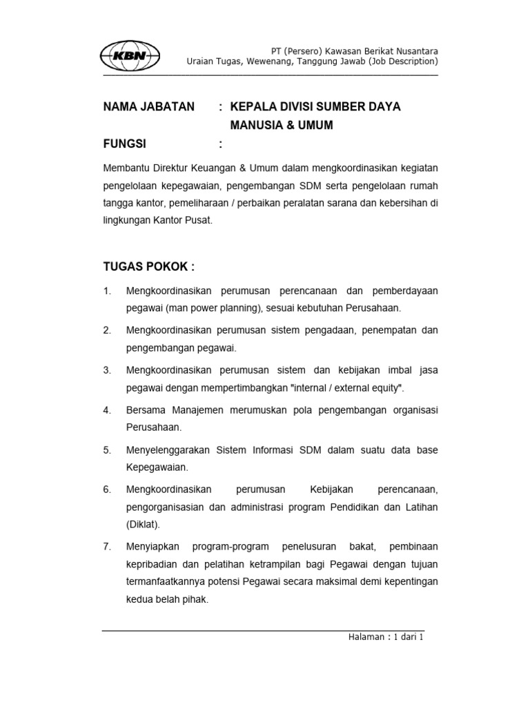 Job Description: HR & General Division Head | PDF