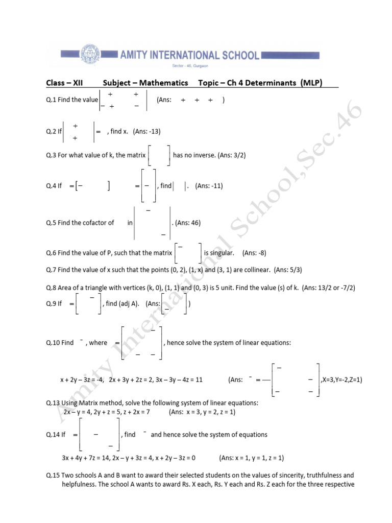MLP On Determinants Class 12 | PDF
