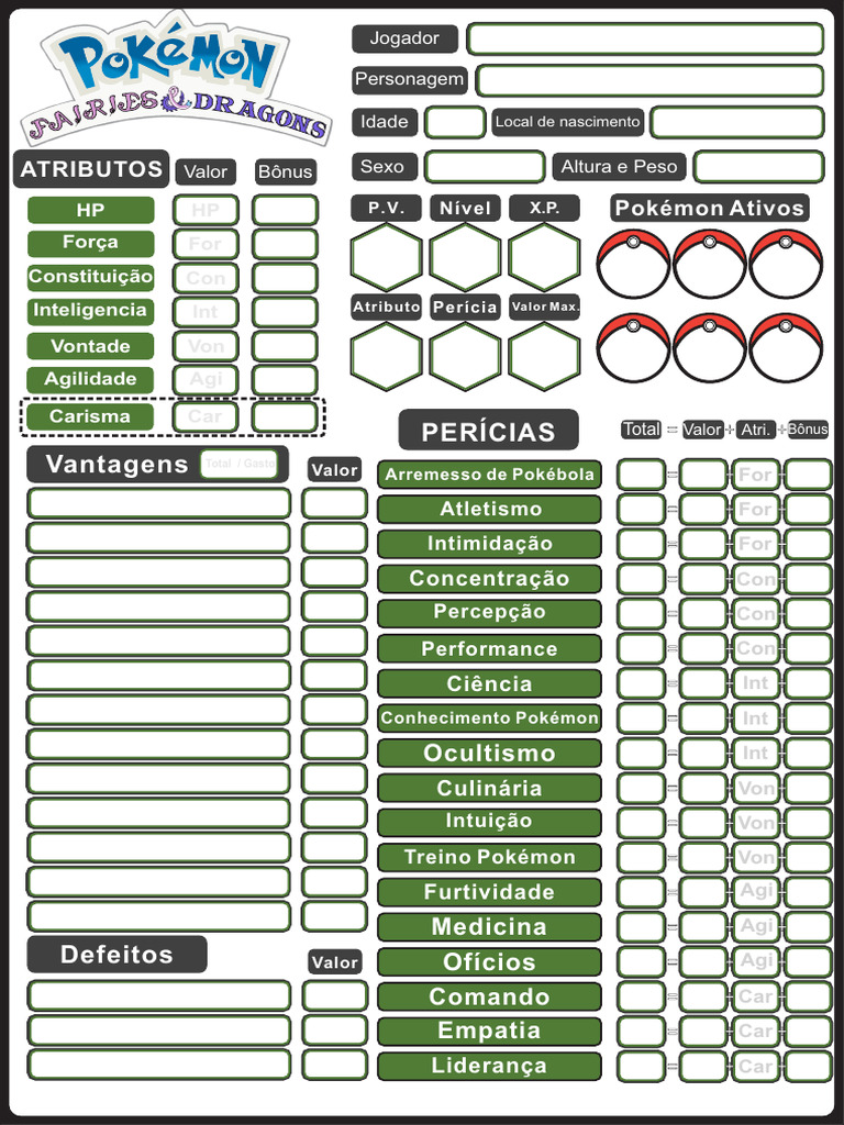 Ficha de Personagem Pokémon RPG | PDF | Jogos japoneses | Franquias da ...