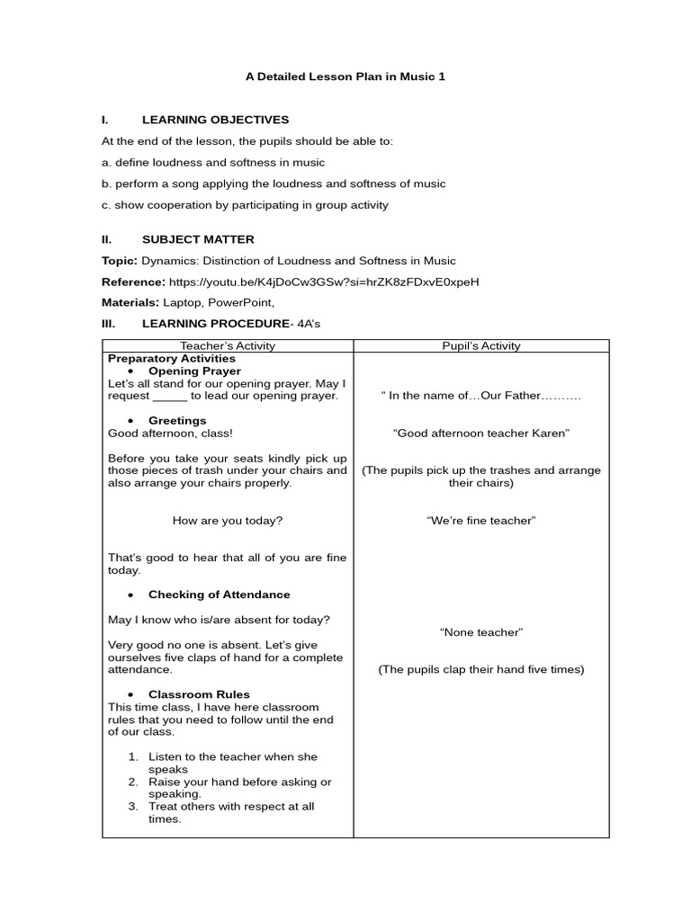 Music Lesson Plan: Dynamics of Sound | PDF | Teachers | Classroom