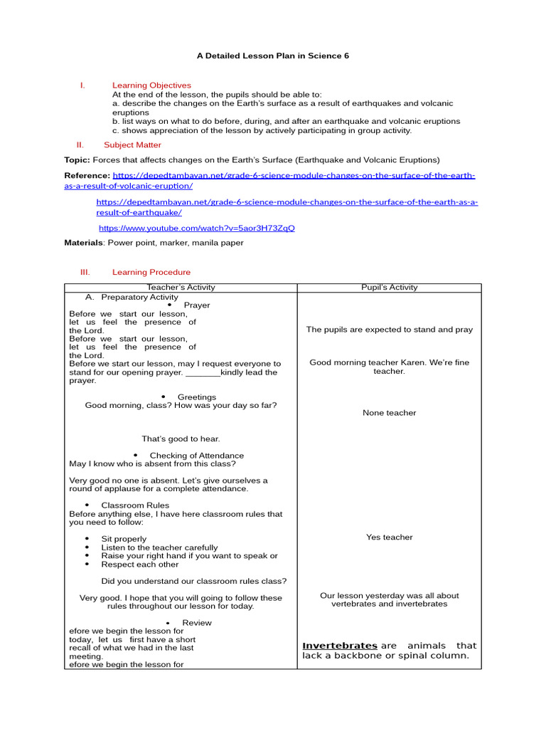 A Detailed Lesson Plan in Science 6 | PDF | Volcano | Types Of Volcanic ...