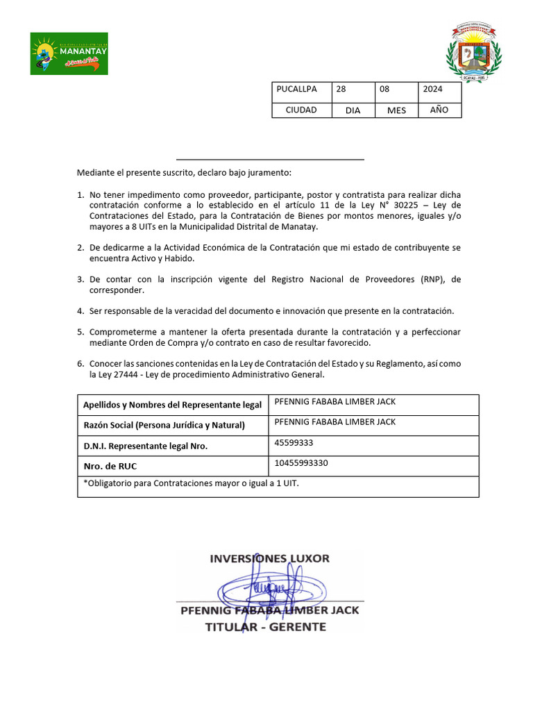 Declaracion Jurada - Proveedores Bienes Luxor | PDF