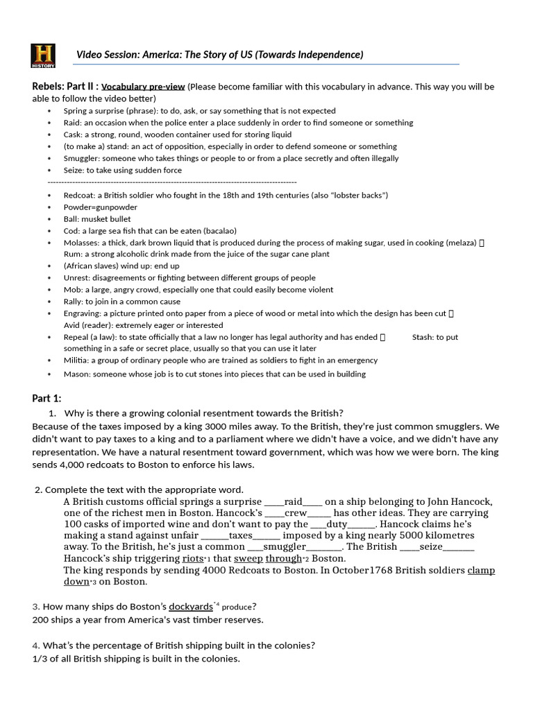 Vocabulary for American Revolution Video | PDF | Thirteen Colonies ...