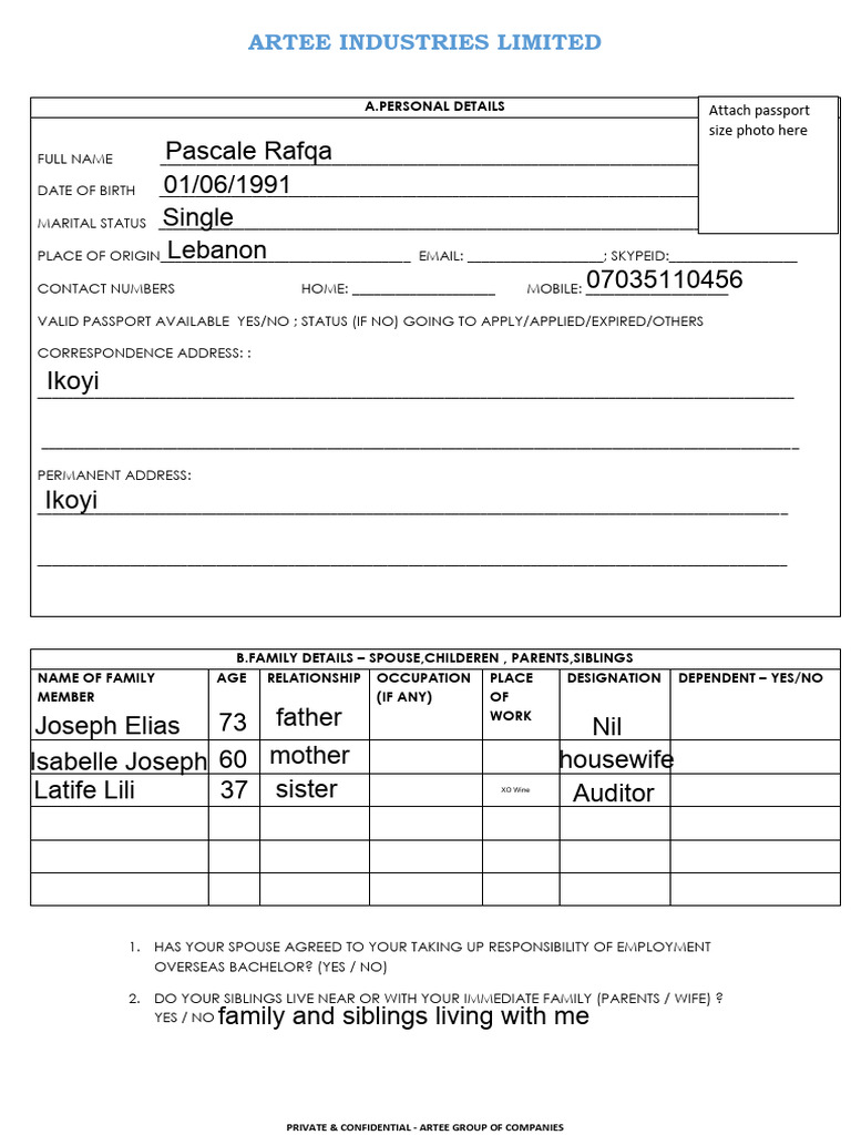 Artee - Candidate Details Form - SPAR Nigeria - Indian Candidate | PDF ...