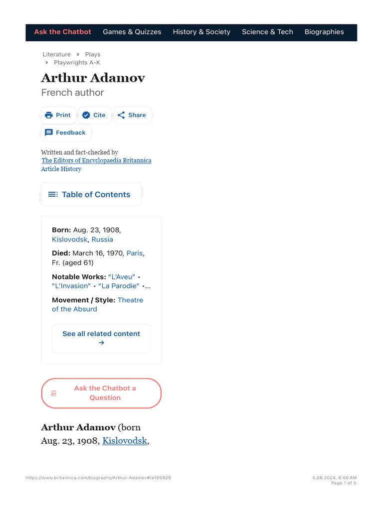 Arthur Adamov - French Absurdist Playwright & Novelist - Britannica | PDF