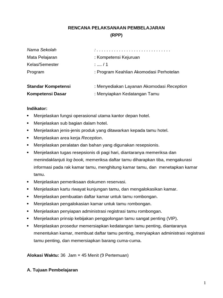 RPP Menyediakan Layanan Akomodasi Reception | PDF