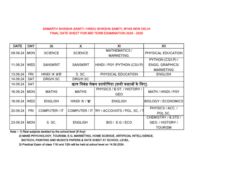 Ix To Xii Final Date Sheet | PDF