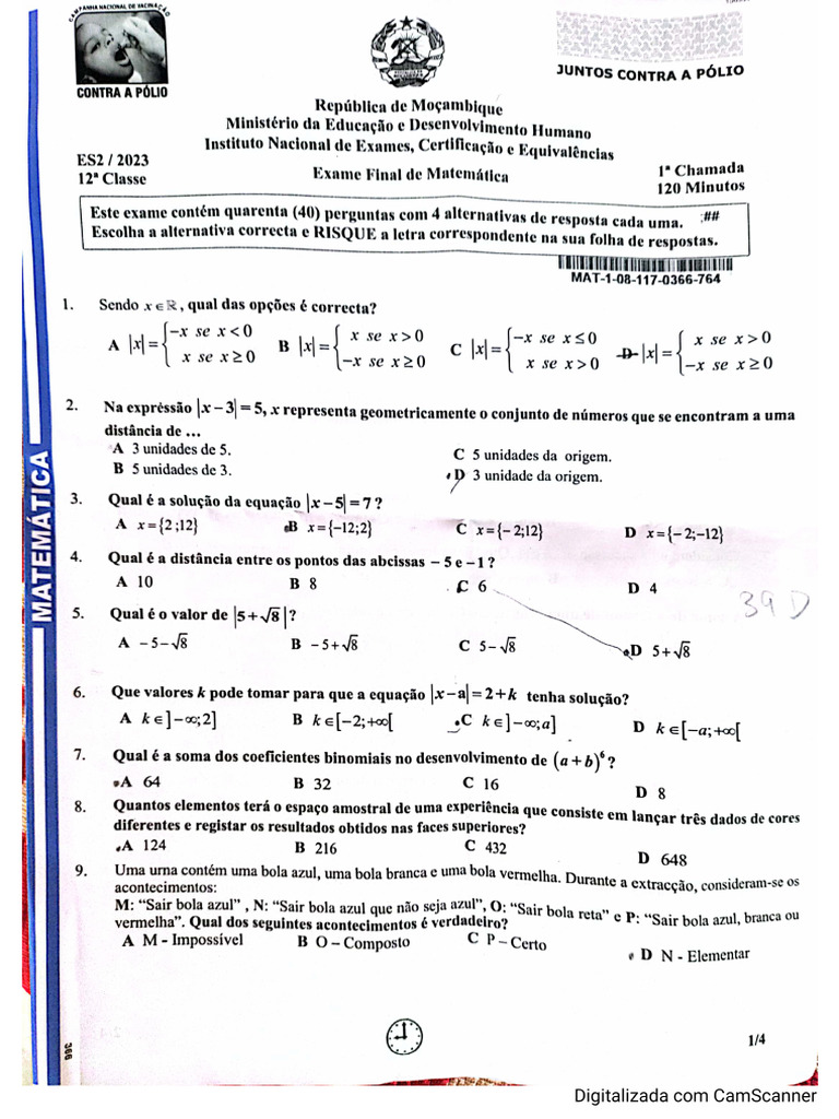 Baixar Exame de Matemática 12 Classes 2023 | PDF