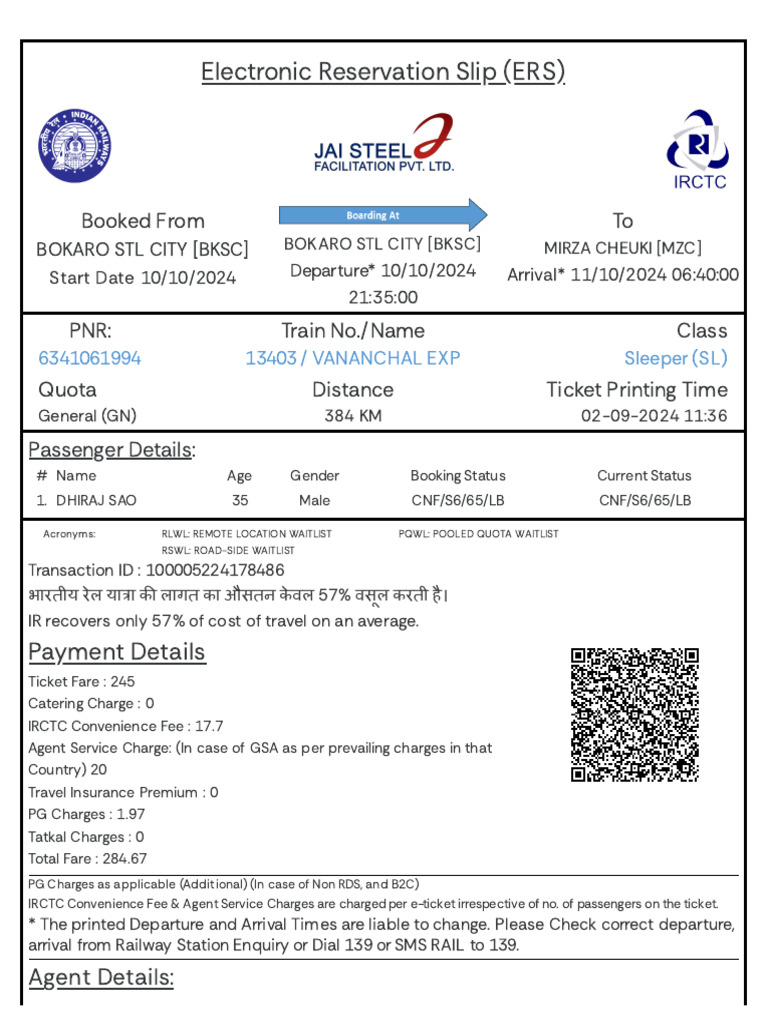Electronic Reservation Slip (ERS) : Booked From To | PDF