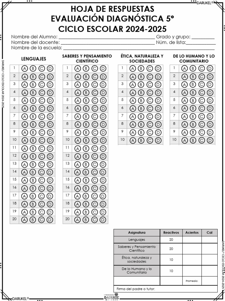 5° Diagnóstico Hoja de Respuestas Darukel 2024-2025 | PDF
