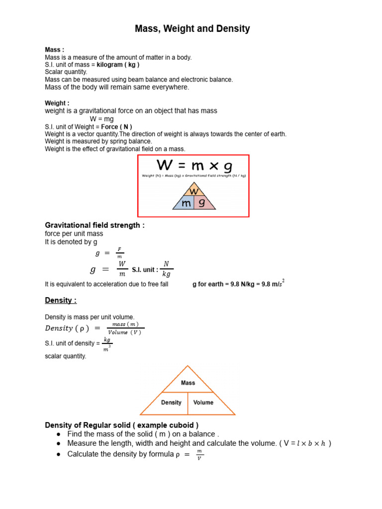 Revision - mass, weight and density | PDF