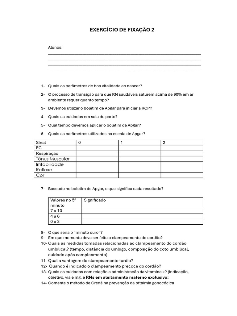 EXERC CIO DE FIXA O 2 - Sala de Parto | PDF