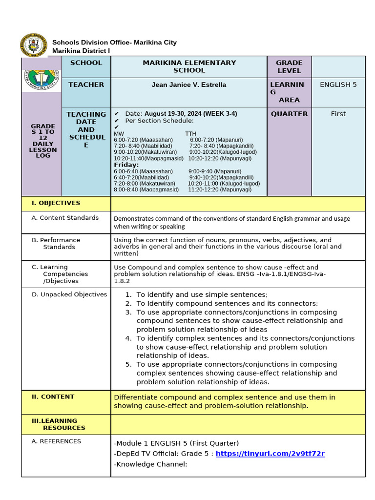 DLP for ENGLISH Grade 5 Quarter 1- Week 3- Compound Sentence | PDF