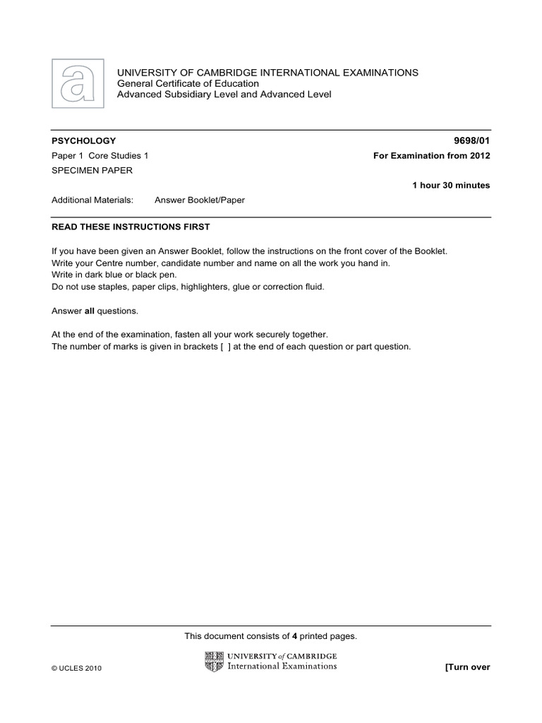 Specimen QP - Paper 1 CIE Psychology A-Level | PDF