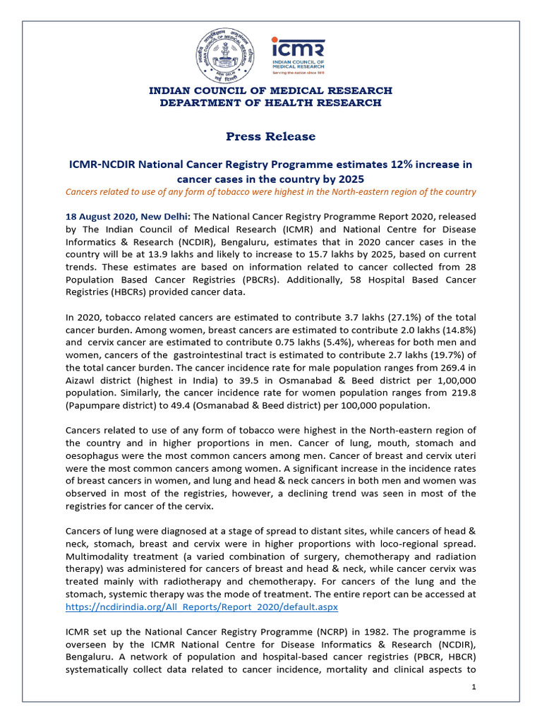 ICMR Press Release NCRP 18082020 | PDF | Cancer | Self-Improvement