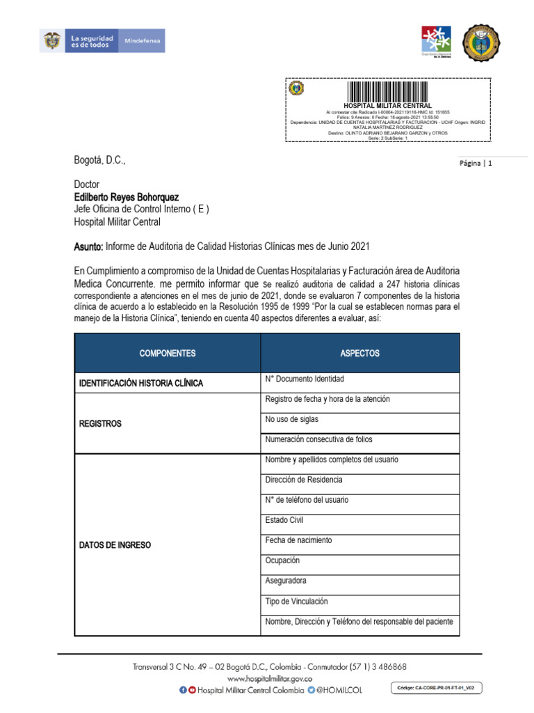 Informe de Auditoria de Calidad Historias Clinicas Junio 2021 | PDF