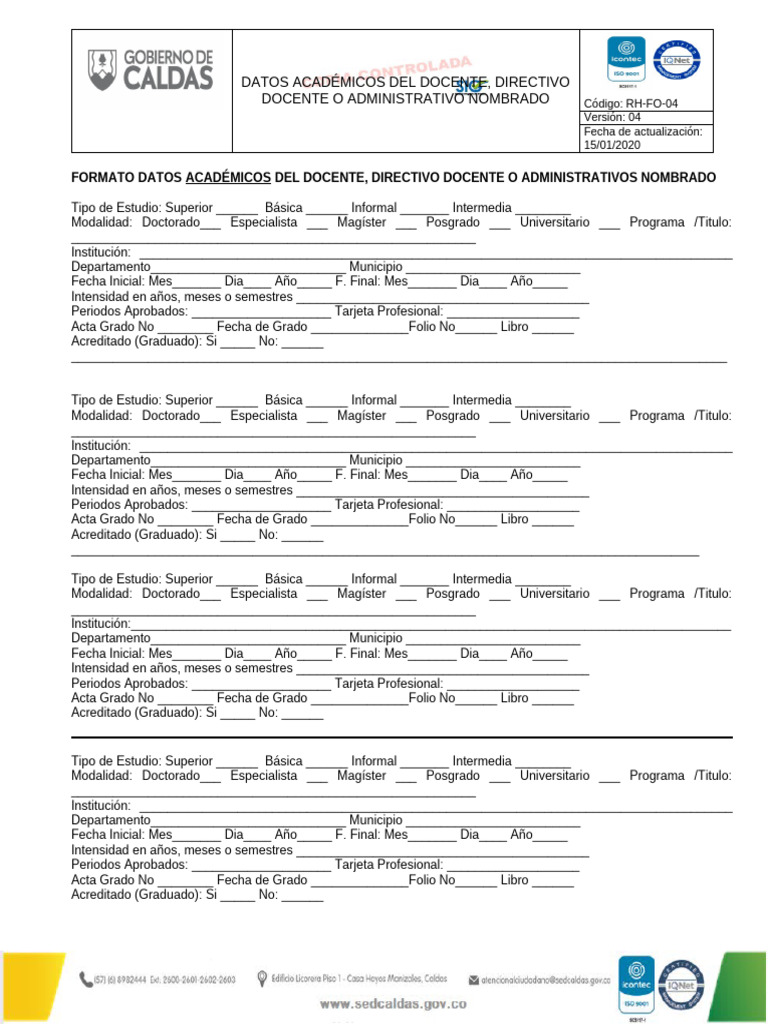 RH-FO-04 Formato Datos Academicos Actuali | PDF | Licenciatura | Etapas ...
