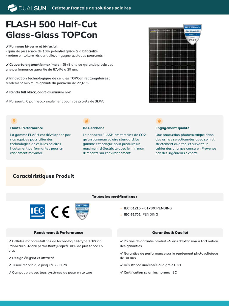 Fiche Technique Du DUALSUN FLASH 500 Half-Cut Bi-Verre Bi-Facial TOPCon - FR - Compressed | PDF