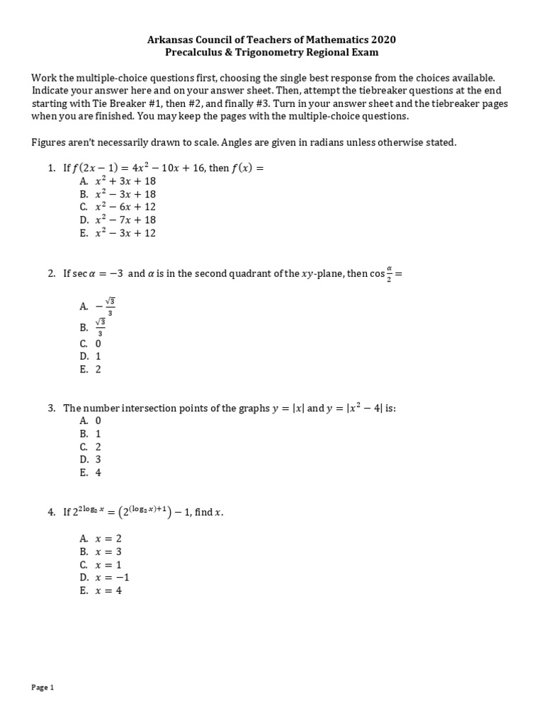 Trig Precal Regional ACTM 2020 | PDF