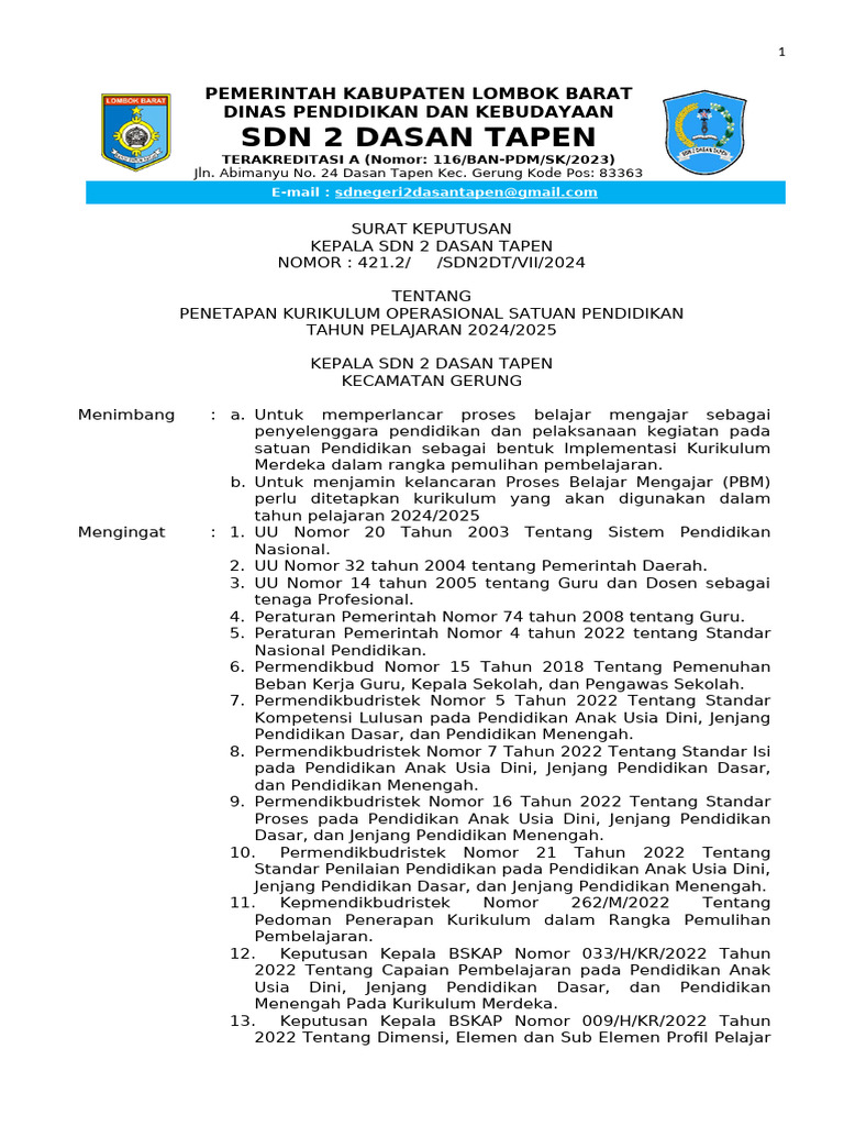 SK Penetapan Kurikulum Merdeka - SDN 2 DASAN TAPEN | PDF
