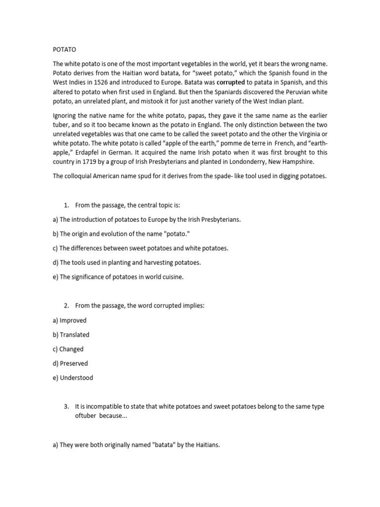 Ingles - Potato Passage With Questions Final | PDF