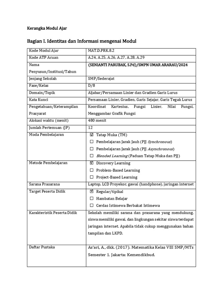 Modul Ajar Mtk Kelas 8 Smster 1 Pdf