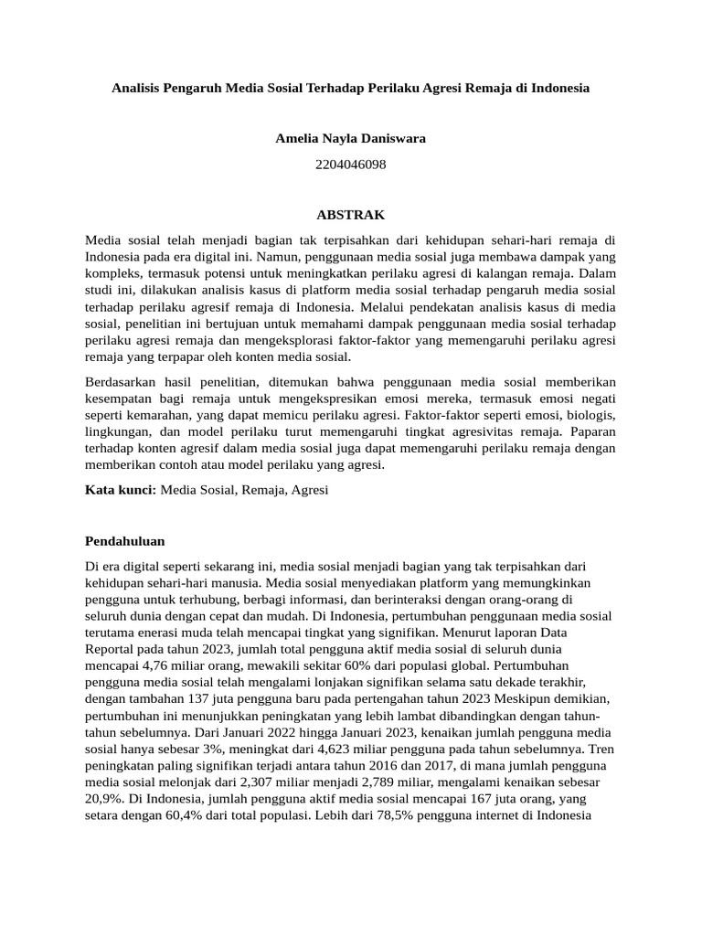 Pengaruh Media Sosial Terhadap Perilaku Agresi Remaja di Indonesia | PDF