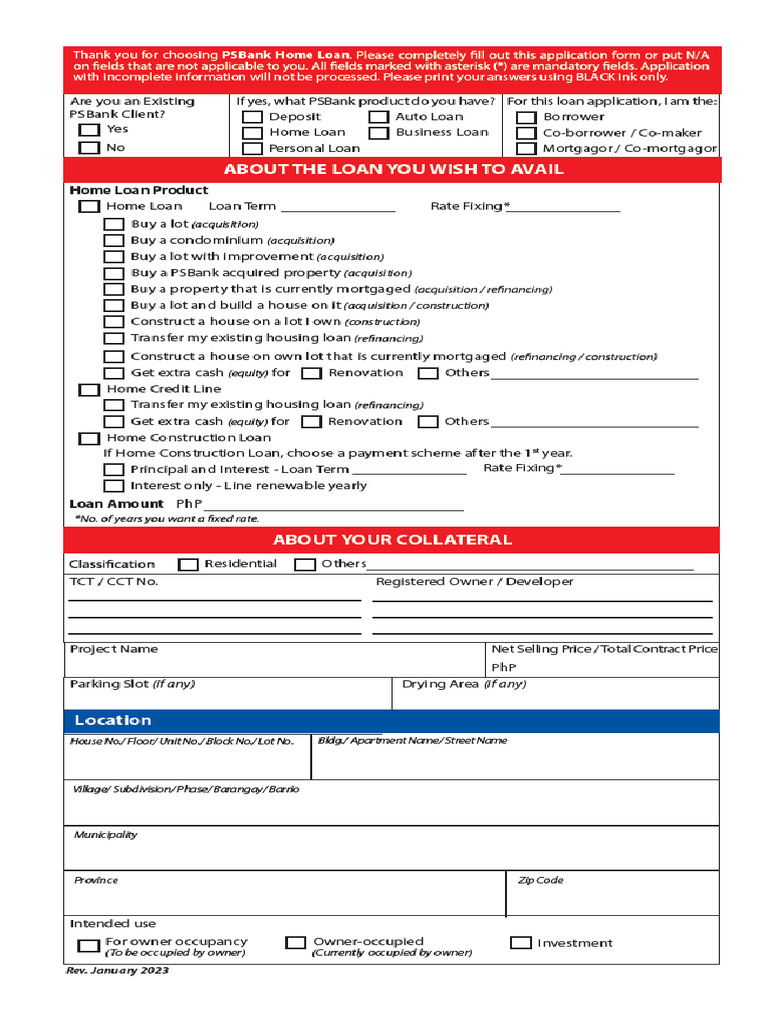 PSBank Home Loan Application Form - Enlarged | PDF