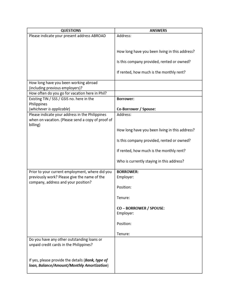 CBC QUESTIONNAIRE FOR OFWs | PDF