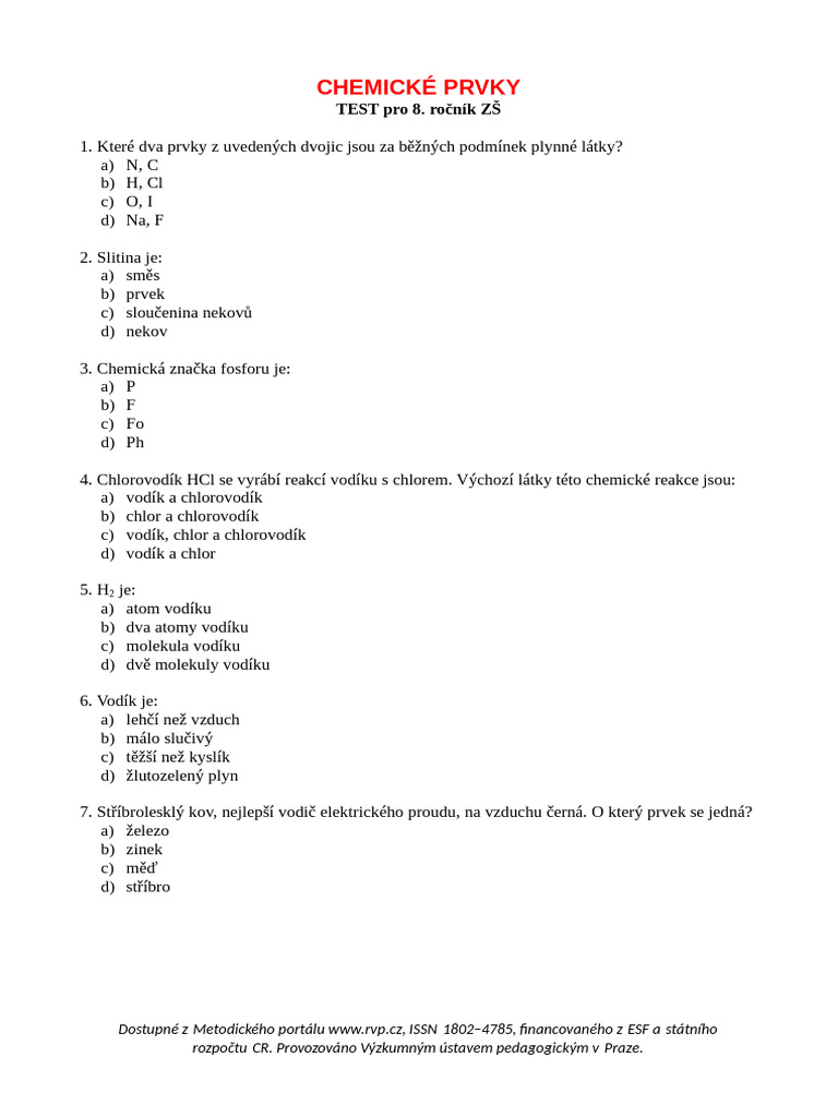 Test - Chemicke - Prvky 2 | PDF
