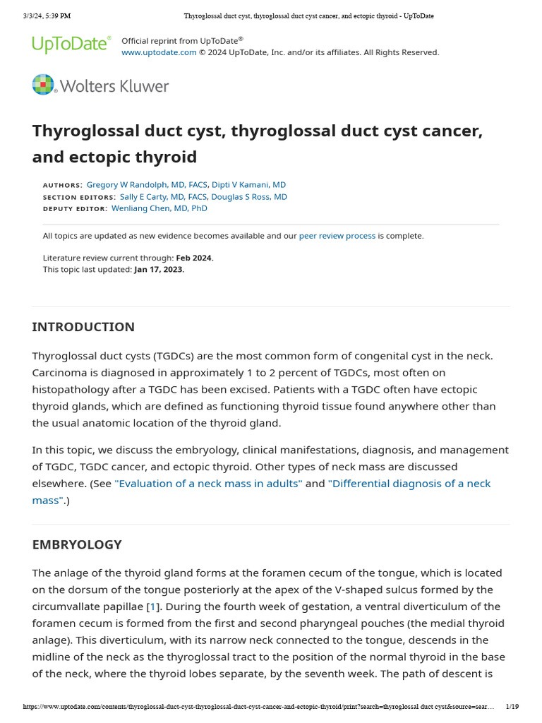 Thyroglossal Duct Cyst, Thyroglossal Duct Cyst Cancer, and Ectopic Thyroid - UpToDate | PDF