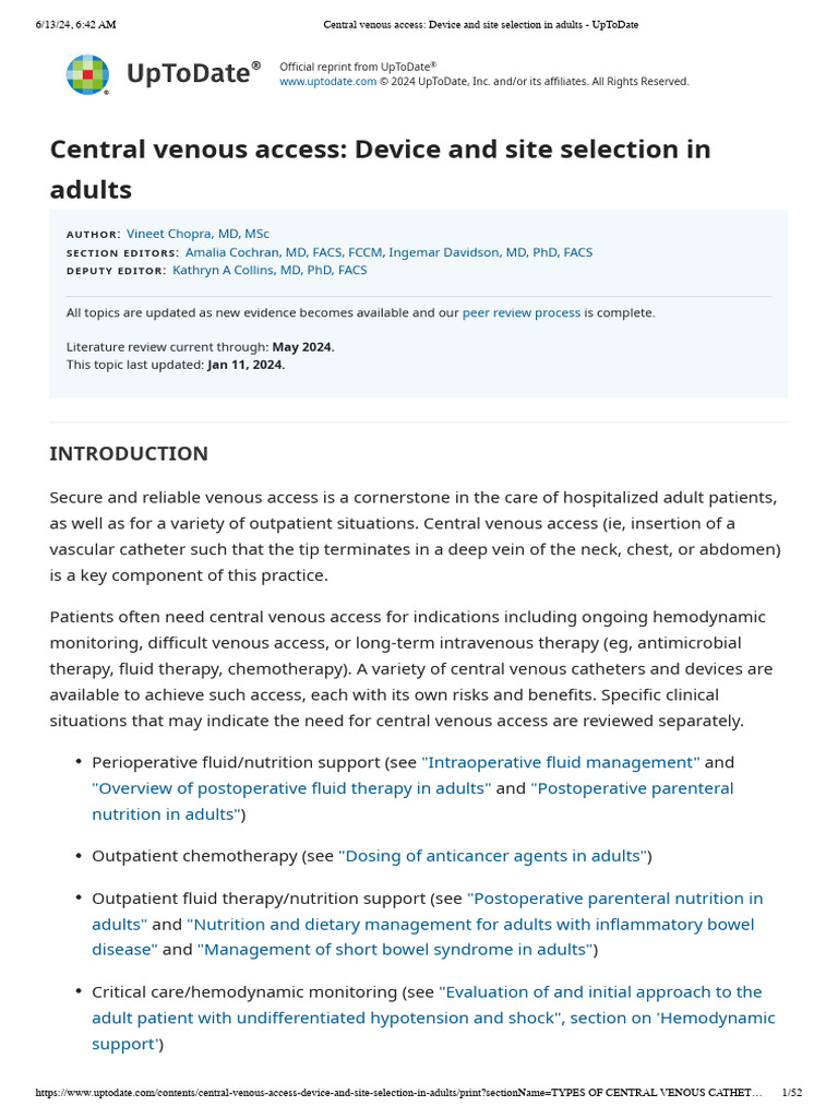 Central Venous Access - Device and Site Selection in Adults - UpToDate | PDF